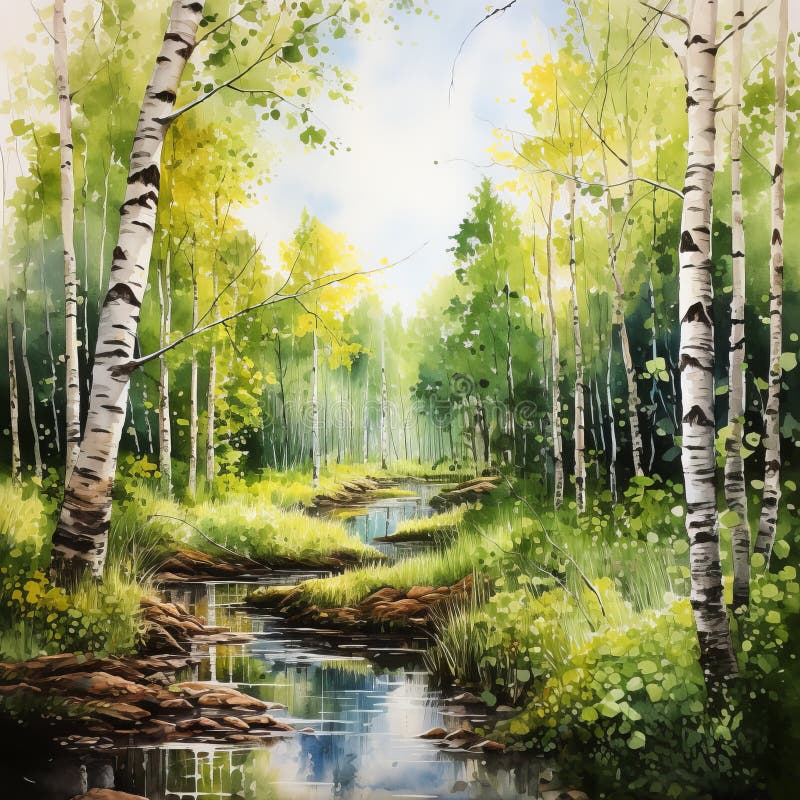 Vibrant Watercolor Image of Spring in the Forest Birch Trees and a ...
