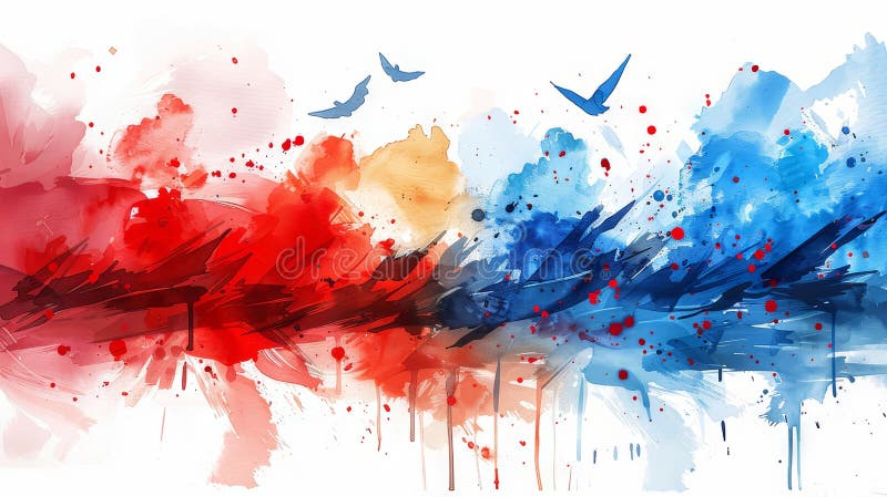 Vibrant Watercolor Paint Strokes and Splashes in Red and Blue with ...