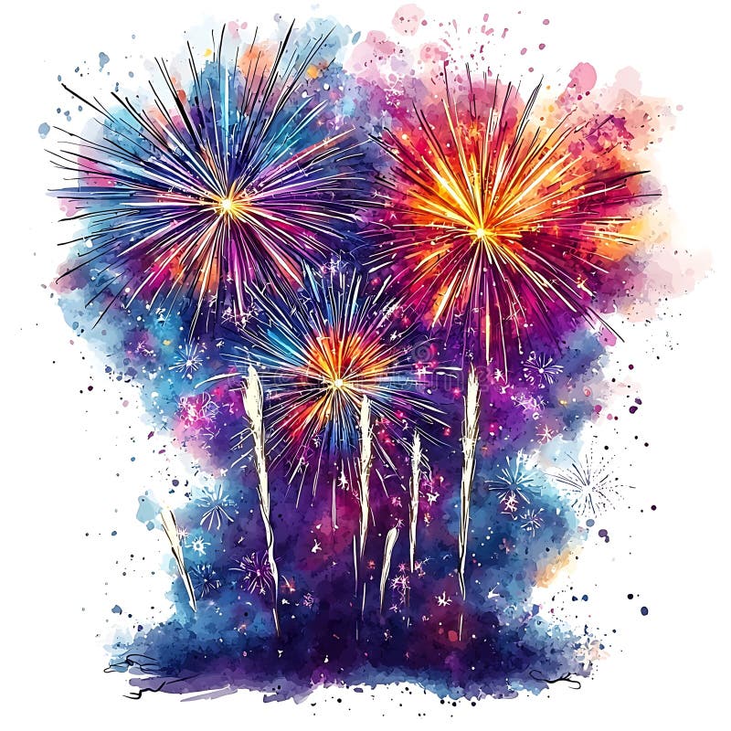 Vibrant Watercolor Painting of Fireworks Displaying Exploding Colors ...