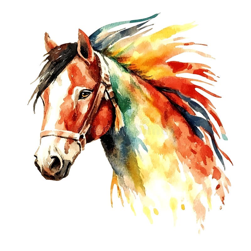 Vibrant Watercolor Painting of a Horses Head with Rainbow Mane Stock ...