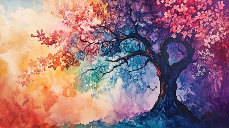 Vibrant Watercolor Painting of a Rainbow Tree Stock Illustration ...