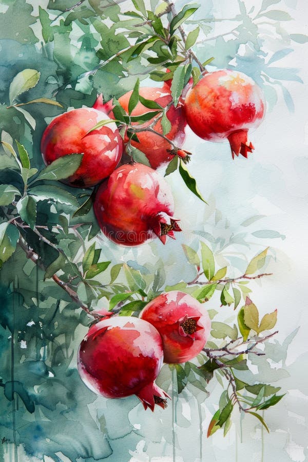 Vibrant Watercolor Pomegranate Fruit Cluster on Tree Branch Stock Image ...