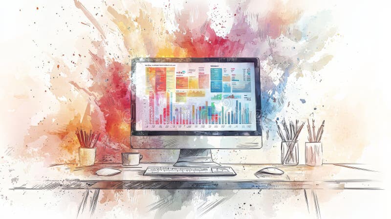 A Vibrant Watercolor Splashing Across a Computer on a Busy Office Desk ...