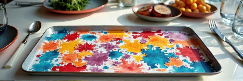 Vibrant Watercolor Splatter Serving Tray on Dining Table with Fresh ...