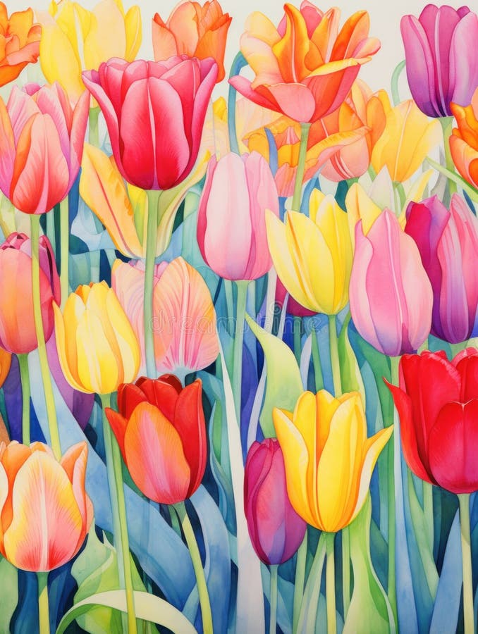 Vibrant Watercolor Tulip Field: a Beautiful Array of Blending Colors AI ...