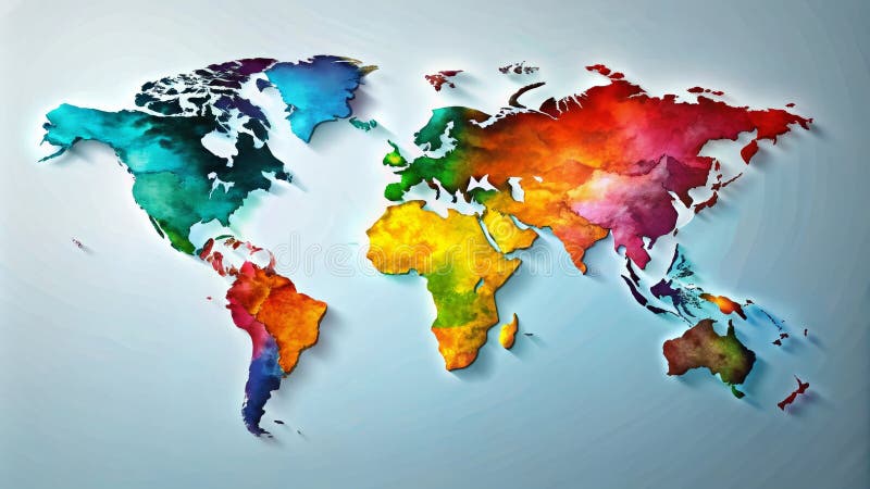A Vibrant Watercolor World Map Depicting Global Interconnectivity and ...