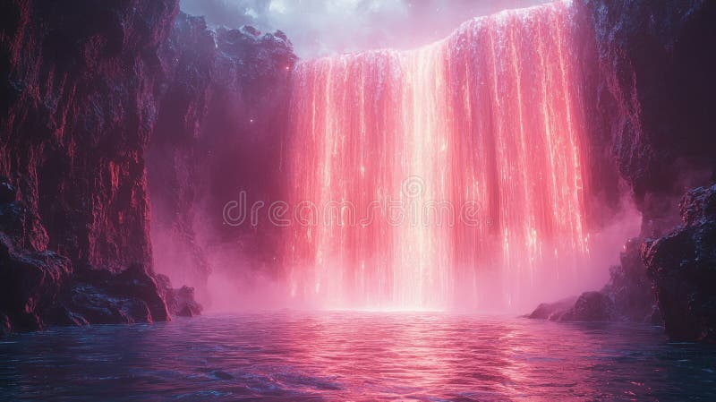 Vibrant Waterfall of Liquid Neon Cascading into Serene Pool, Surrounded ...