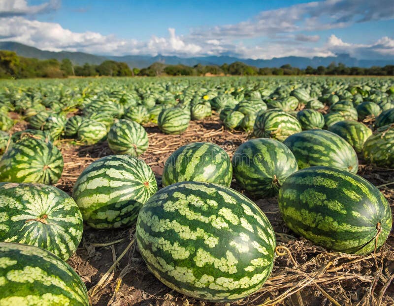 Vibrant Watermelon Field Under Blue Sky Stock Image - Image of farming ...