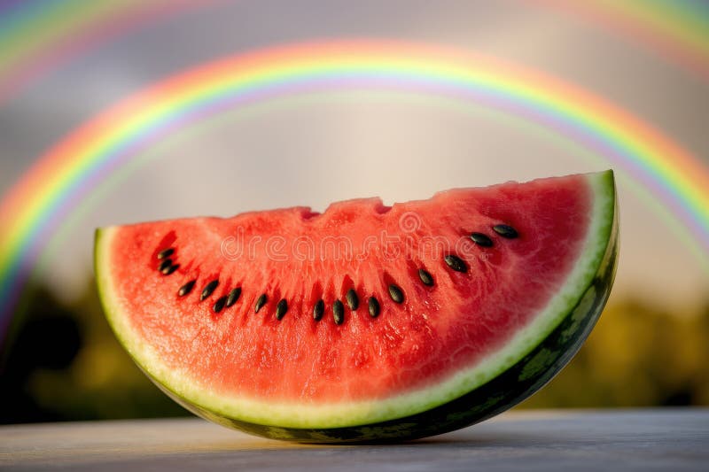 Vibrant Watermelon Slice with Double Rainbow in Summer Landscape Stock ...