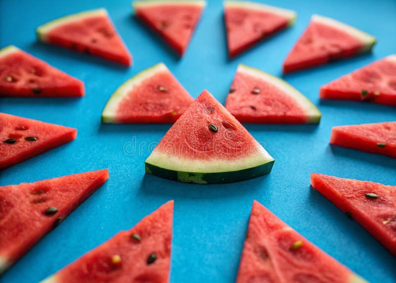 Vibrant Watermelon Slices in a Symmetrical Pattern on a Striking Blue ...