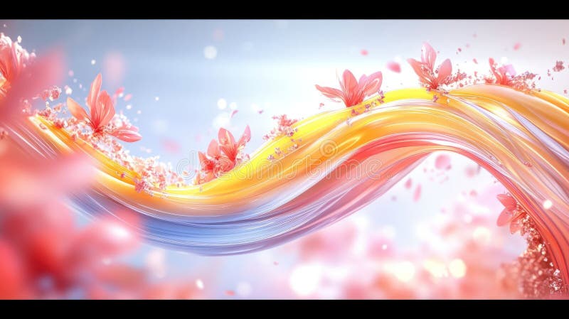 Abstract Flowing Silk Wave with Pink Flowers Dreamlike Spring Scene ...