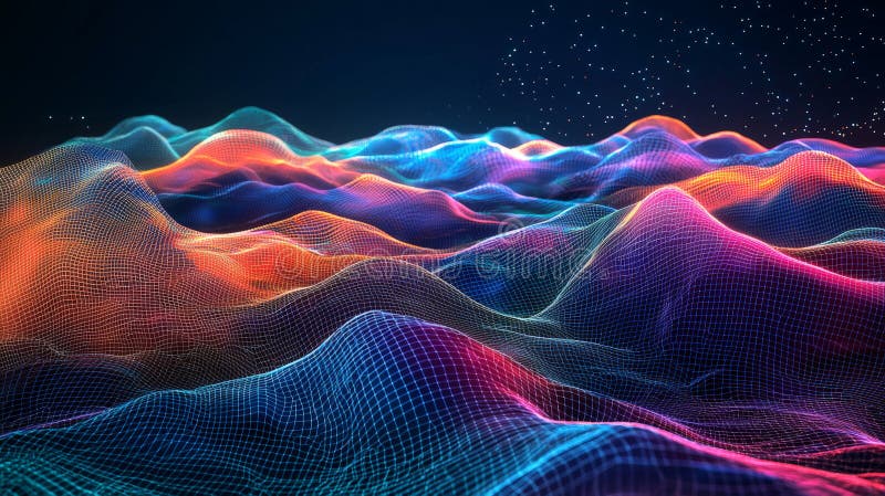 Vibrant Waves: 3D Wireframe Grid Landscape. Generative AI Stock Photo ...