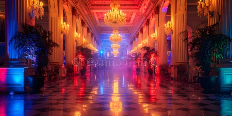 Vibrant Wedding Hall Ambiance with Extravagant Lighting and Romantic ...