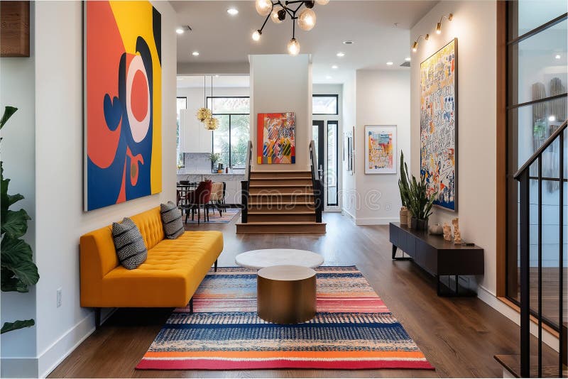 Vibrant Welcoming Entryway with Bright Colors, Plants, and Eclectic ...