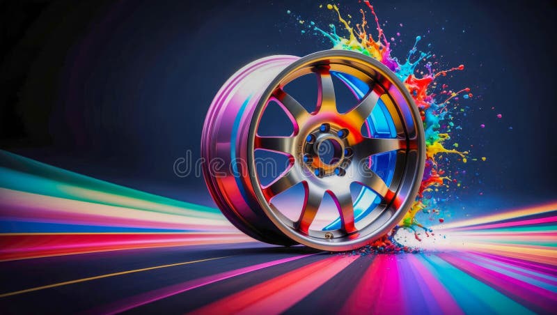 A Vibrant Wheel Rim with Splashes of Multicolored Paint, Symbolizing ...