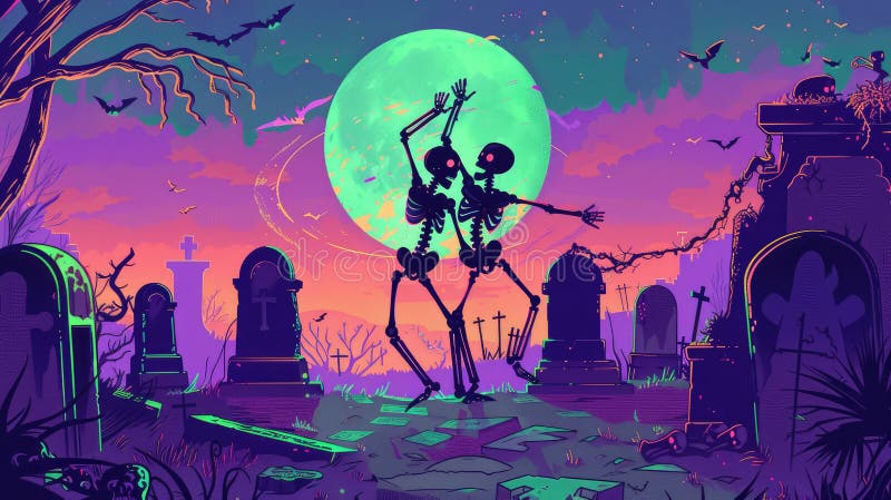 Two Skeletons Dancing in a Graveyard Under a Full Moon Stock ...