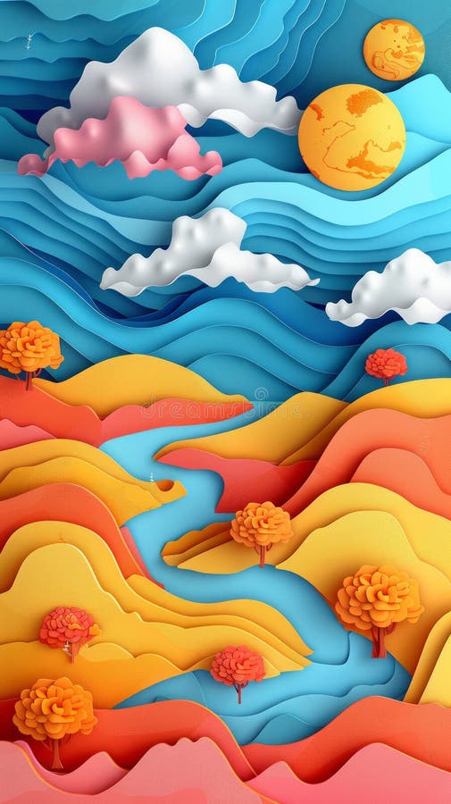 Colorful 3D Paper Art of Surreal Landscape with Flowing River, Rolling ...