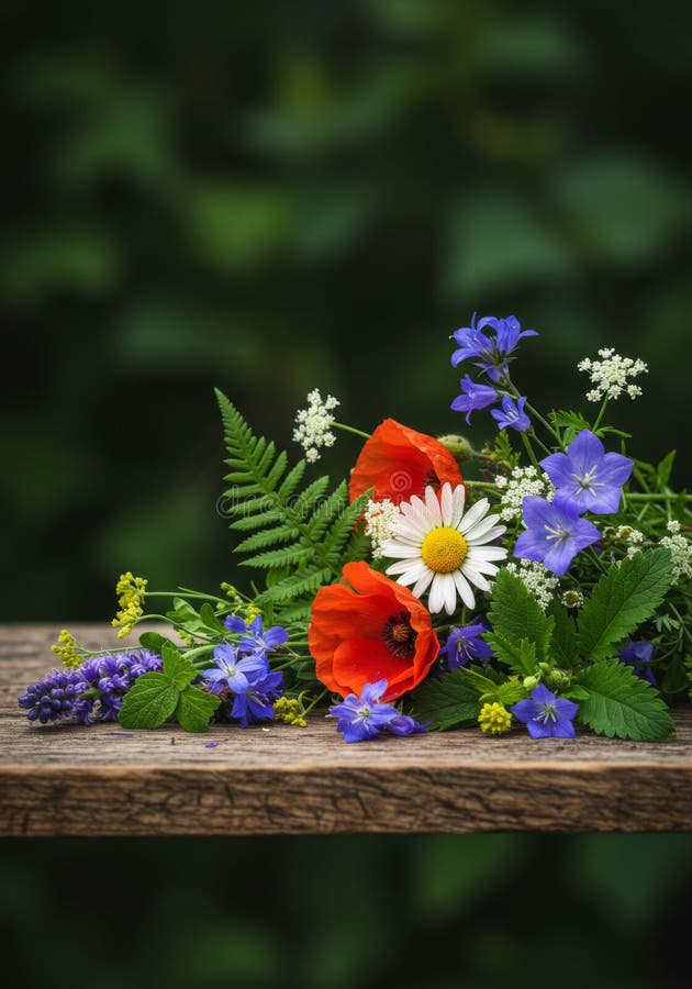 Vibrant Wildflower Arrangement on Rustic Wood Stock Illustration ...