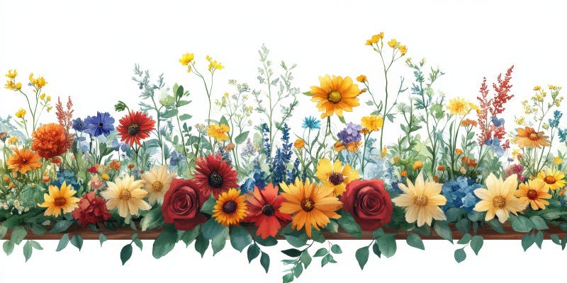 Vibrant Wildflower Border with Roses and Daisies for Spring Decorations ...