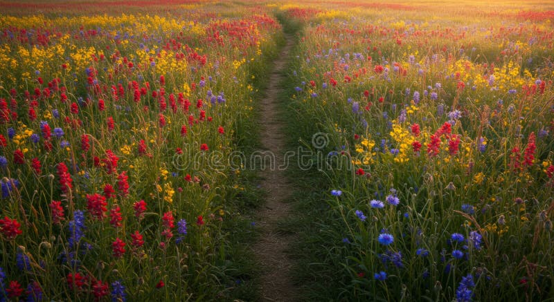 Vibrant Wildflower Field Path at Sunset Stock Image - Image of pathway ...