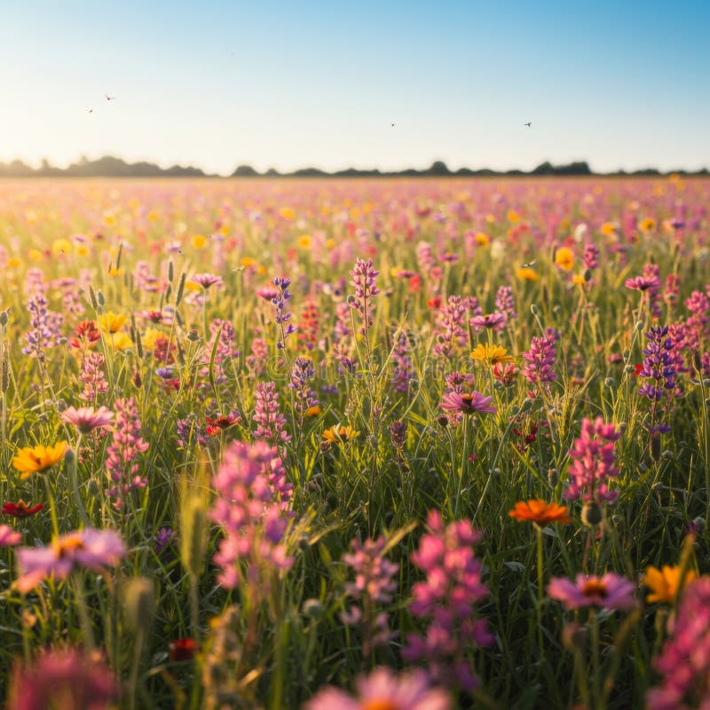 Vibrant Wildflower Field at Sunset Stock Illustration - Illustration of ...