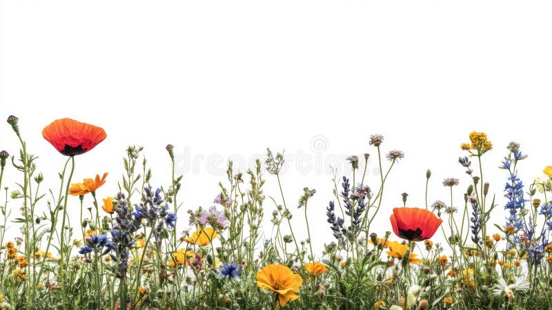 Vibrant Wildflower Meadow Border Isolated on White Stock Illustration ...