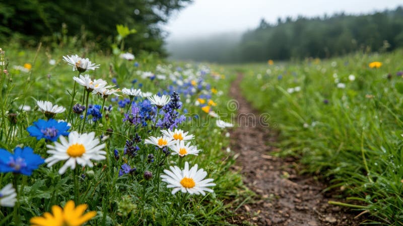 Vibrant Wildflower Meadow with Path Stock Illustration - Illustration ...