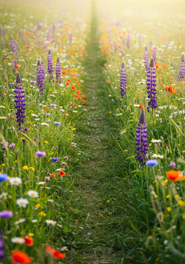 Vibrant Wildflower Meadow Path in Summer Sunlight Stock Illustration ...