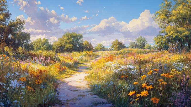 Vibrant Wildflower Meadow Path on a Sunny Day Stock Illustration ...