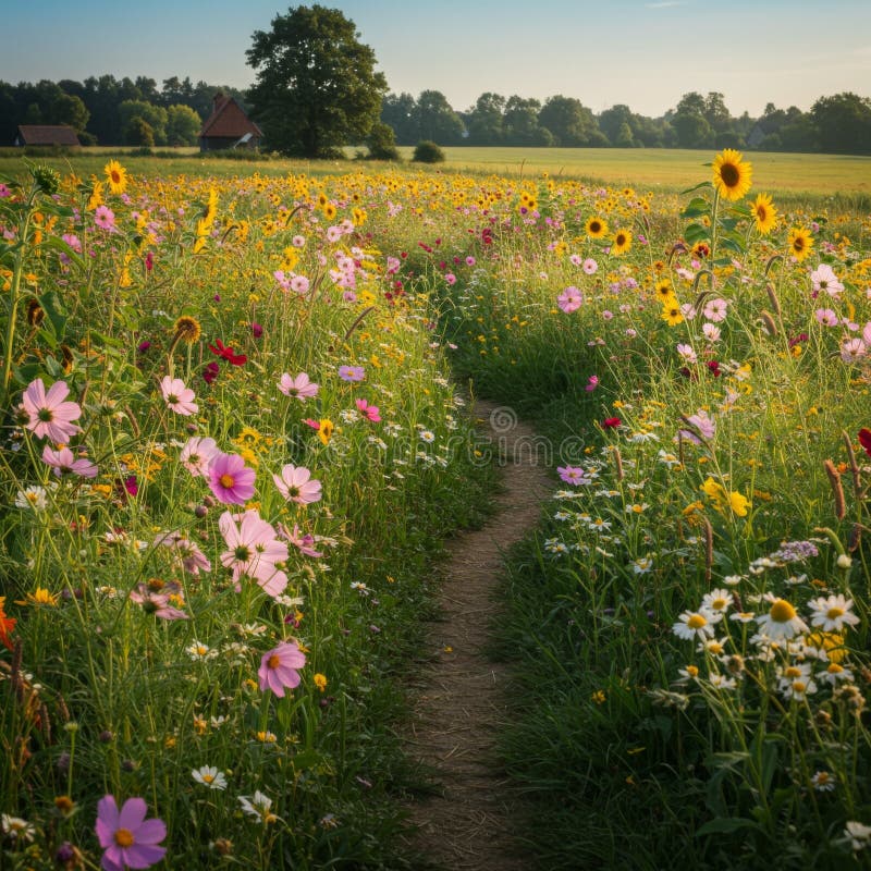 Vibrant Wildflower Meadow Path at Sunrise Stock Illustration ...
