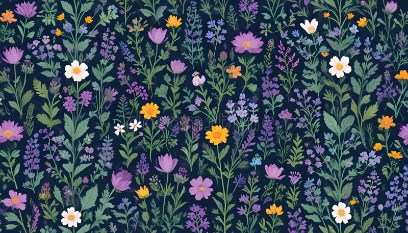 Vibrant Wildflower Meadow Pattern Isolated on Dark Theme Stock Vector - Illustration of serene ...