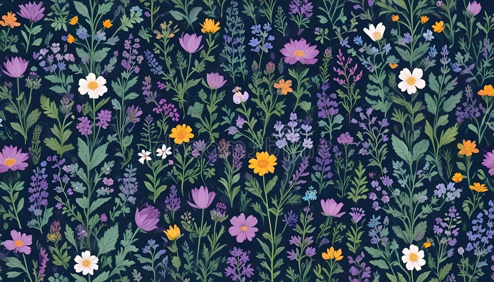 Vibrant Wildflower Meadow Pattern Isolated on Dark Theme Stock Vector ...