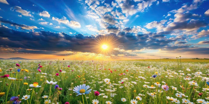 Vibrant Wildflower Meadow at Sunset with Dramatic Sky. Generative AI Stock Illustration ...