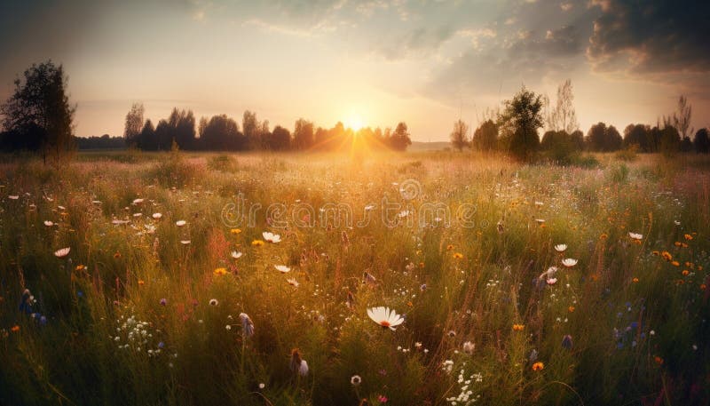 Vibrant Wildflower Meadow at Sunset, a Tranquil Rural Scene Generated ...
