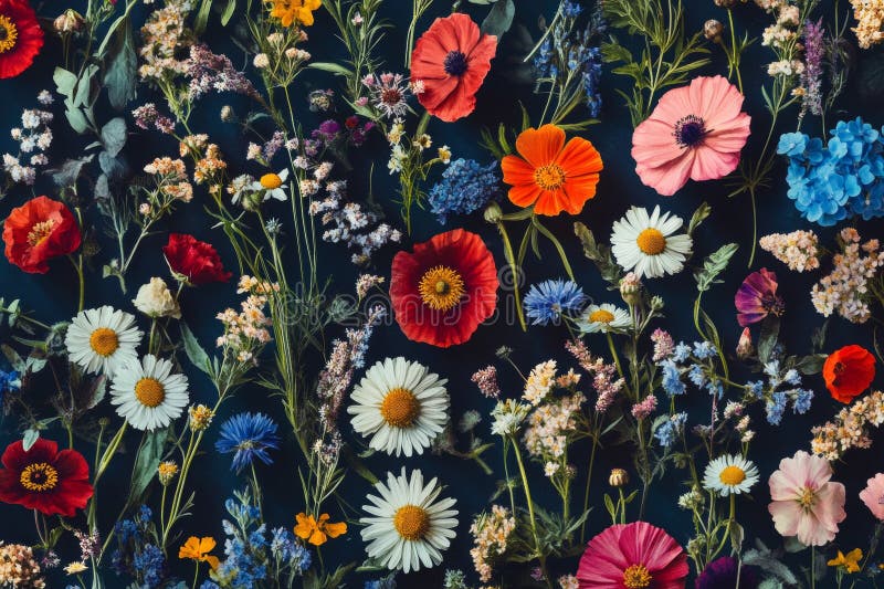 Vibrant Wildflower Pattern on Dark Background a Realistic Watercolor ...