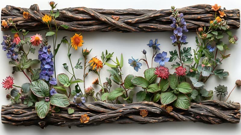 Colorful Wildflowers Arranged in a Rustic Vine Frame Display Stock ...