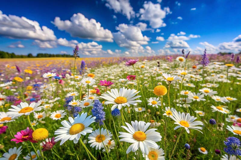 Vibrant Wildflowers Bloom in a Sunny Field Under a Blue Sky with Fluffy ...