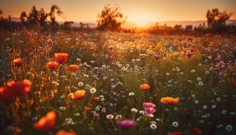 Vibrant Wildflowers Bloom in Tranquil Meadow at Sunset Dusk Generated ...