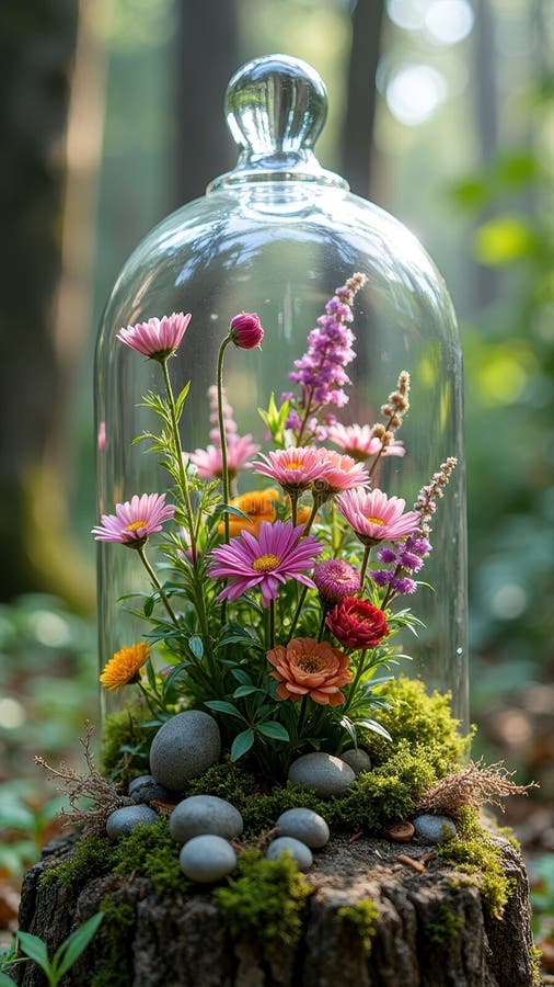 Vibrant Wildflowers Encased in Glass Dome on Rustic Forest Stump Stock ...