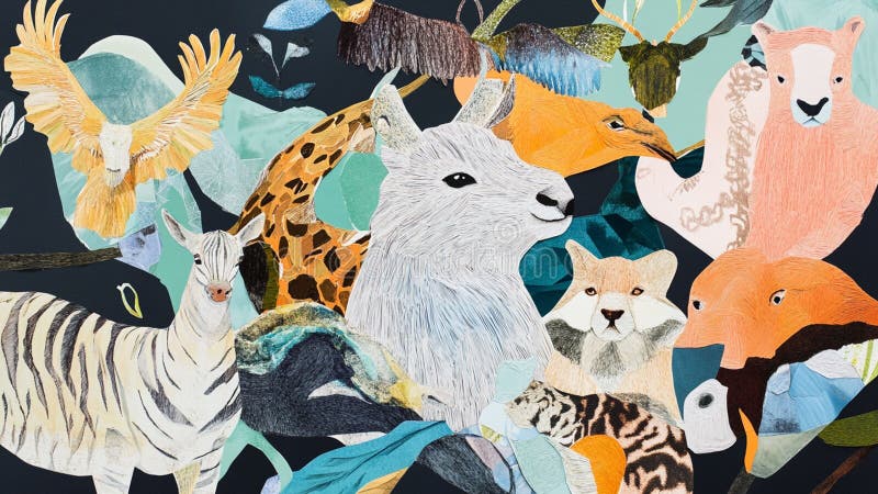 Vibrant Wildlife Collage Art Print Featuring Diverse Animals Together ...