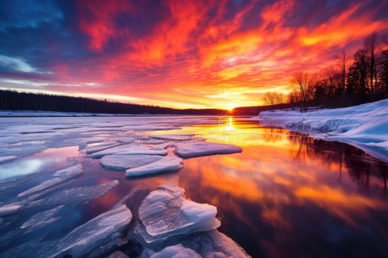 Vibrant Winter Sunset Over a Frozen Lake Stock Illustration ...