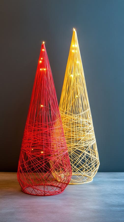 Vibrant Wireframe Cone Sculptures Glow with Embedded Lights Against a ...