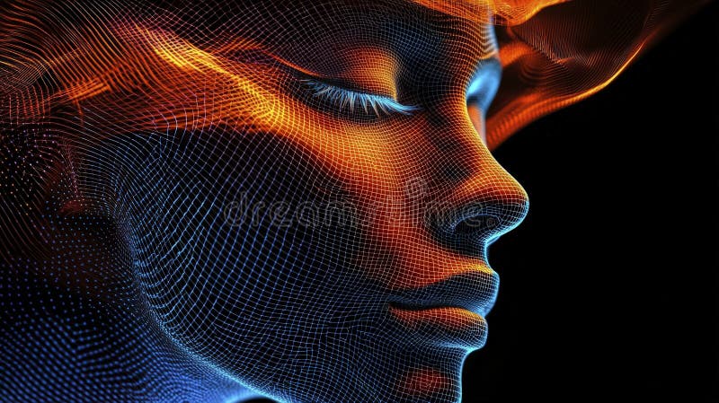Vibrant Wireframe Face with Flowing Orange and Blue Lines Stock ...