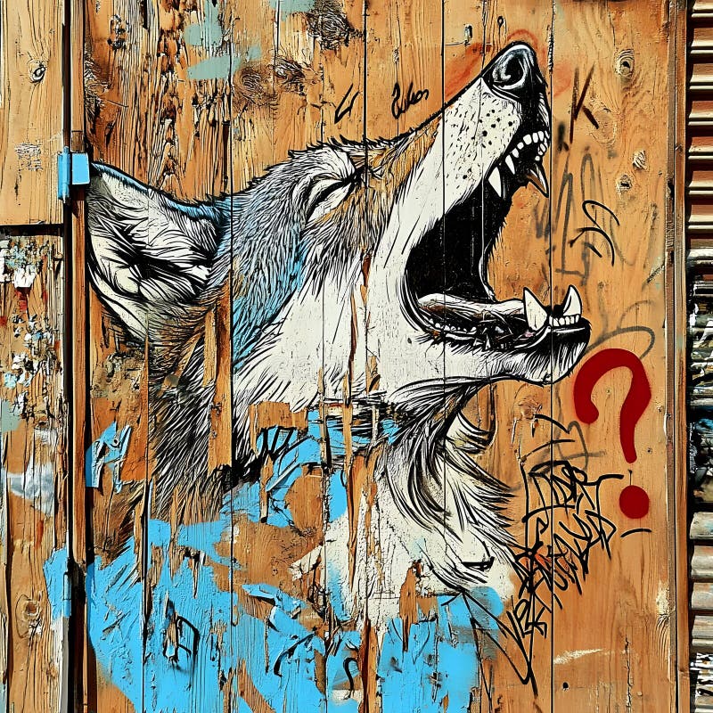 Vibrant Wolf Mural on a Wooden Wall. Stock Illustration - Illustration ...