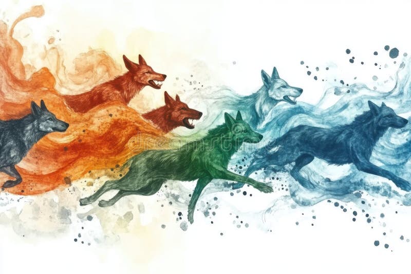 Vibrant Wolf Pack in Abstract Colorful Flow Design for Creative ...