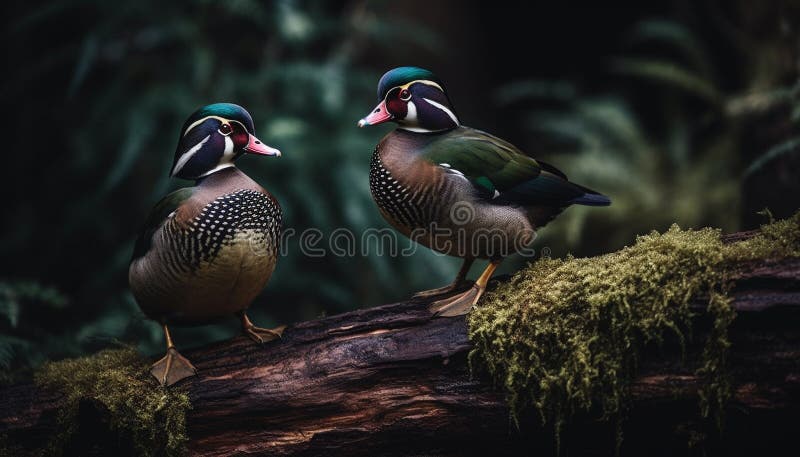 Vibrant Wood Duck and Drake Standing on Branch by Pond Generated by AI ...