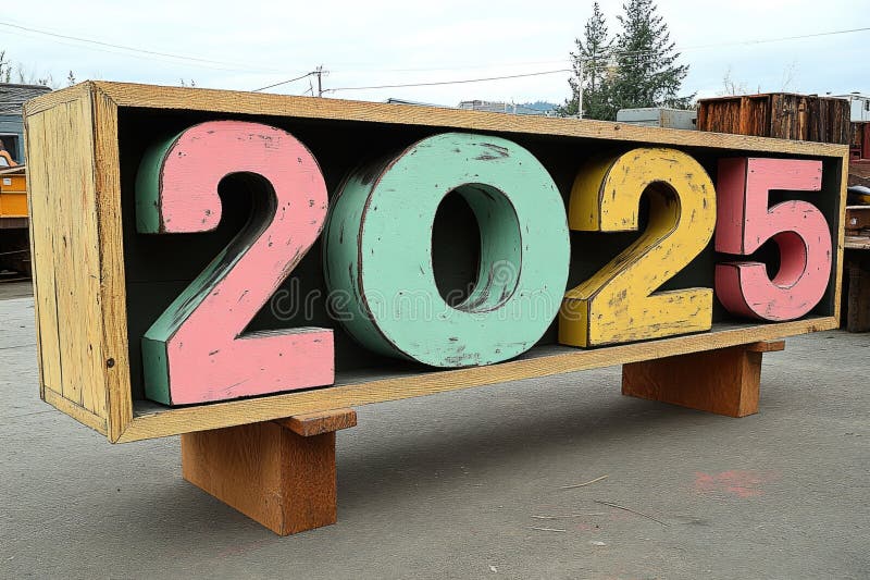 Vibrant Wooden Year Sign Displaying 2025 in Rustic Outdoor Setting. AI ...