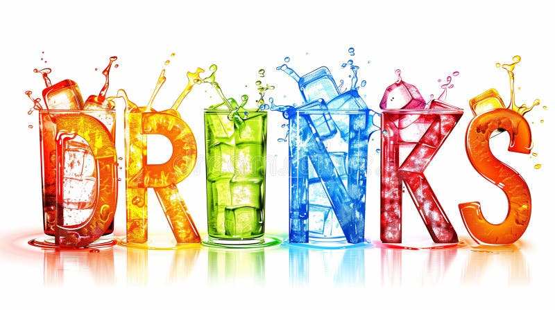 Vibrant Word "drinks" with Ice Cubes and Splashes on a Glossy White ...
