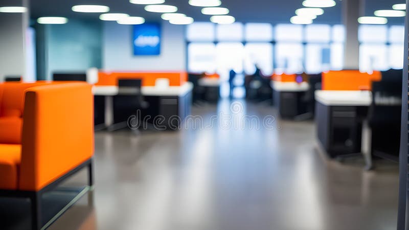 Vibrant Workplace: Blurred Modern Office with Orange Elements ...
