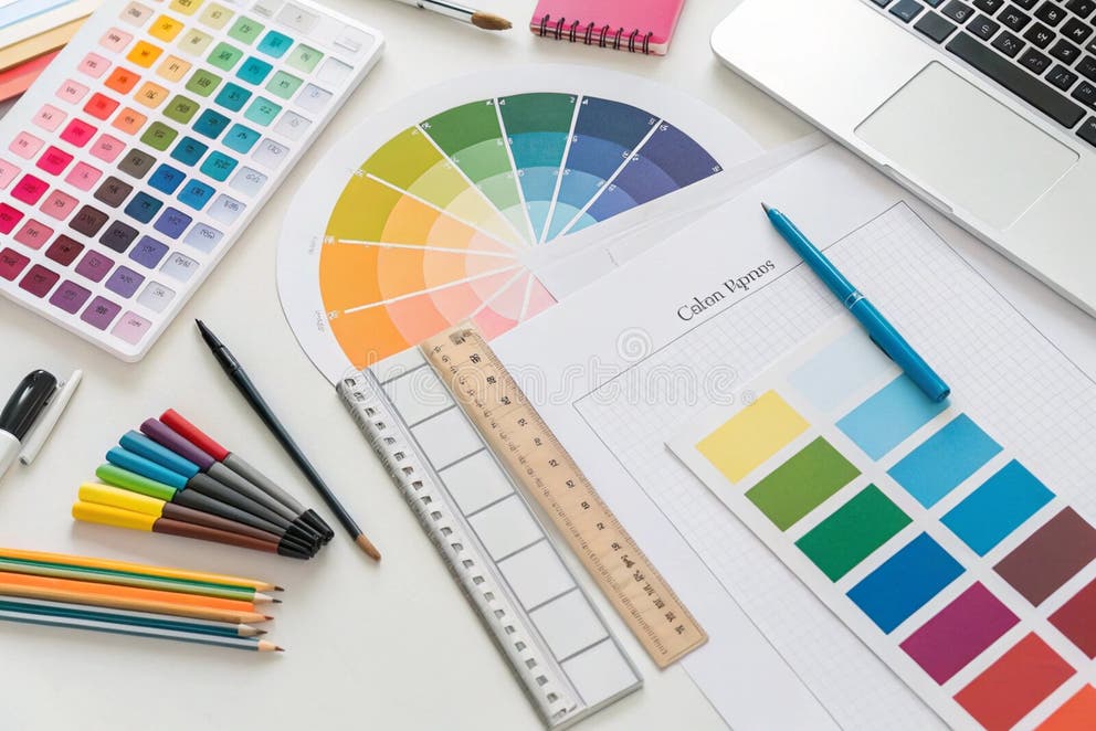 A Vibrant and Organized Workspace Featuring Color Swatches and Design ...